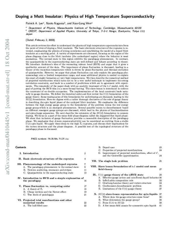 (PDF) Doping a Mott insulator: Physics of high-temperature superconductivity