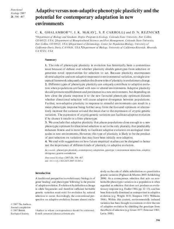(PDF) Adaptive versus non-adaptive phenotypic plasticity and the potential for contemporary ...
