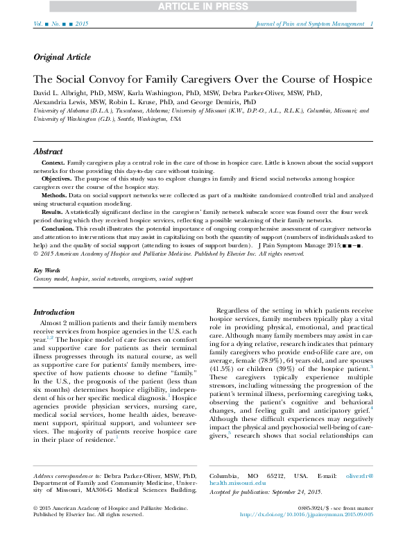 (PDF) The Social Convoy for Family Caregivers Over the Course of Hospice