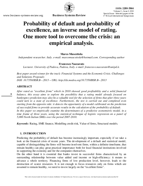 (PDF) Probability of default and probability of excellence, an inverse ...