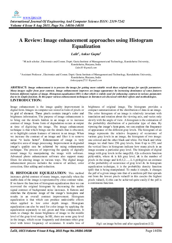 A Review Image Enhancement Approaches Using Histogram Equalization