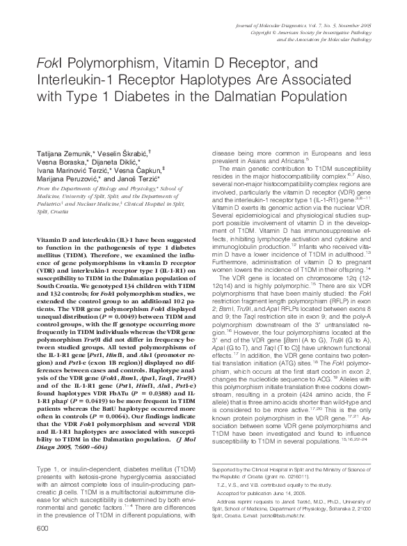(PDF) FokI Polymorphism, Vitamin D Receptor, and Interleukin-1 Receptor Haplotypes Are ...