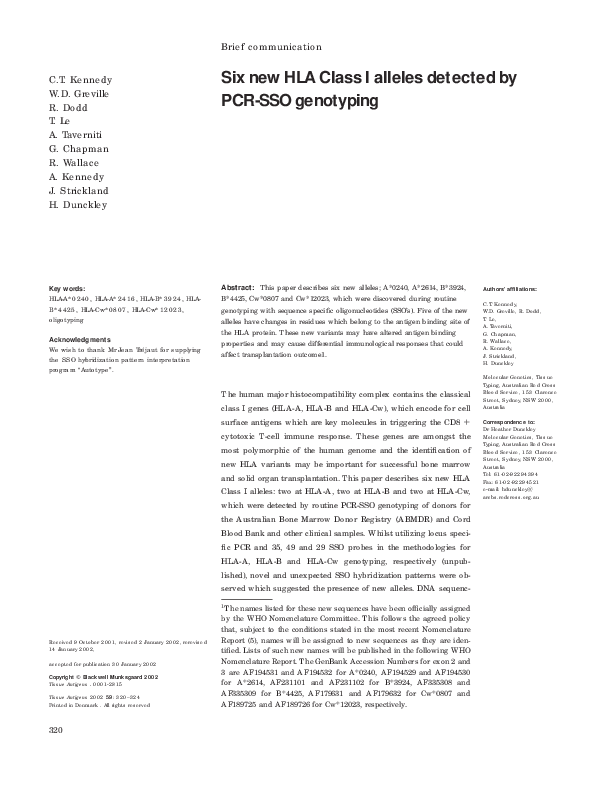 (PDF) Six new HLA Class I alleles detected by PCR-SSO genotyping