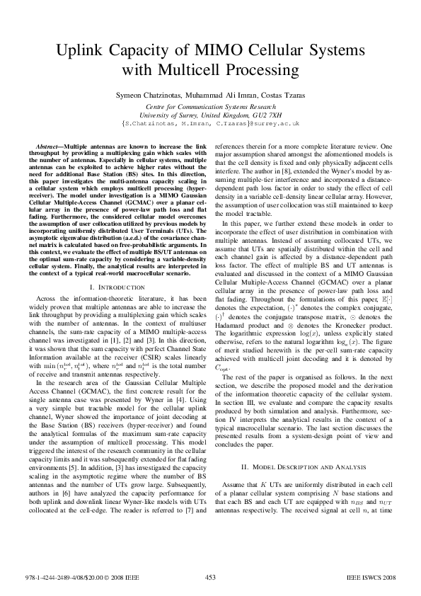 Pdf Uplink Capacity Of Mimo Cellular Systems With Multicell Processing