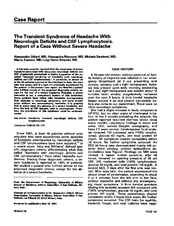 (PDF) The Transient Syndrome of Headache With Neurologic Deficits and CSF Lymphocytosis. Report ...