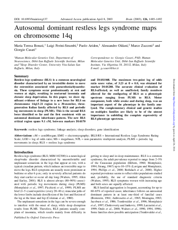 (PDF) Autosomal dominant restless legs syndrome maps on chromosome 14q