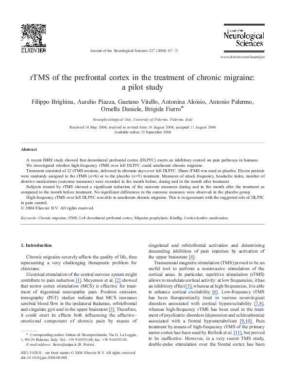(PDF) rTMS of the prefrontal cortex in the treatment of chronic migraine: a pilot study