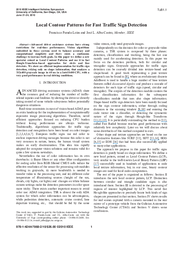 (PDF) Local Contour Patterns for fast traffic sign detection