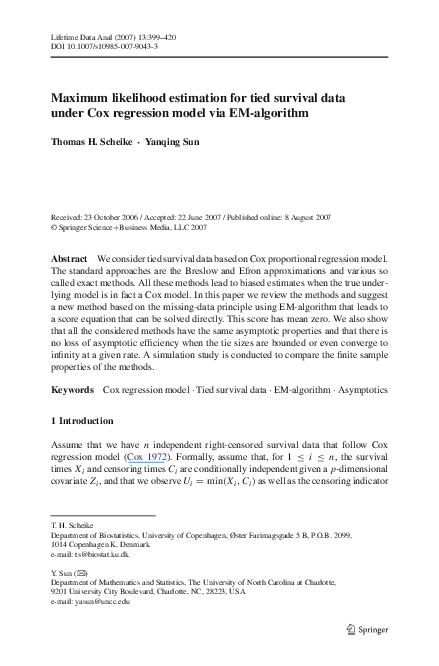 Pdf Maximum Likelihood Estimation For Tied Survival Data Under Cox Regression Model Via Em