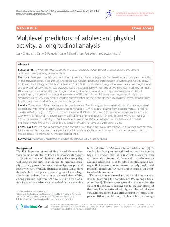 (PDF) Multilevel predictors of adolescent physical activity: a longitudinal analysis