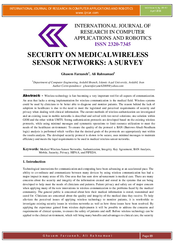 (PDF) SECURITY ON MEDICALWIRELESS SENSOR NETWORKS: A SURVEY