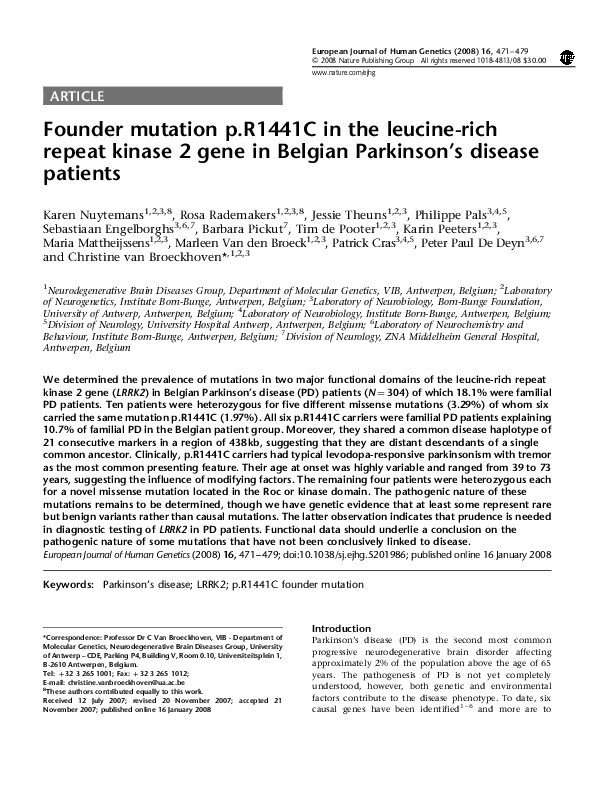(PDF) Founder mutation p.R1441C in the leucine-rich repeat kinase 2 ...