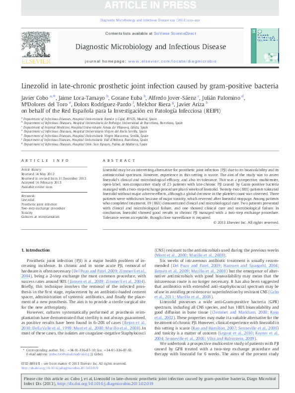 (PDF) Linezolid in late-chronic prosthetic joint infection caused by ...