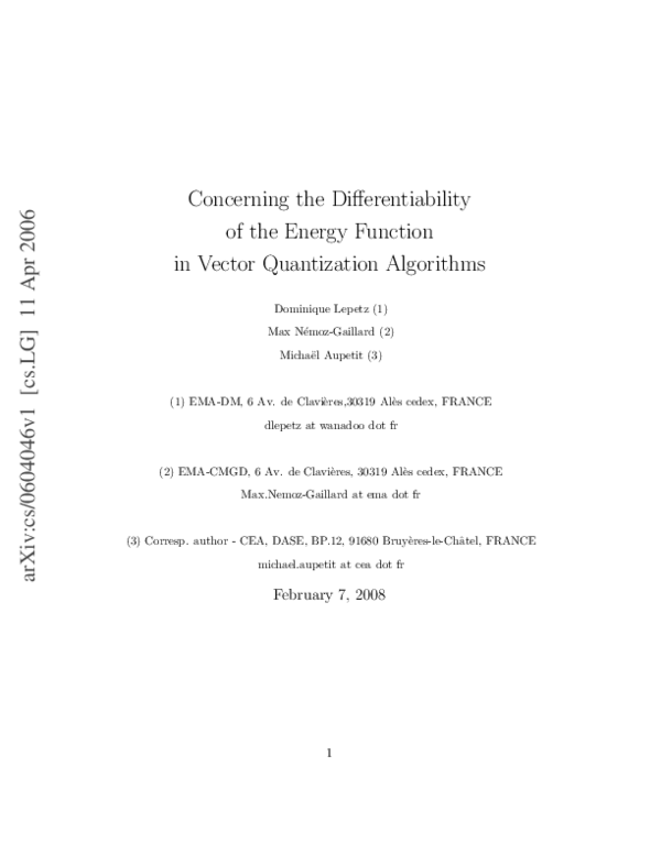 (PDF) Concerning the differentiability of the energy function in vector quantization algorithms