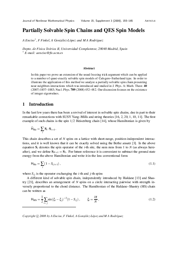 (PDF) Partially Solvable Spin Chains and QES Spin Models