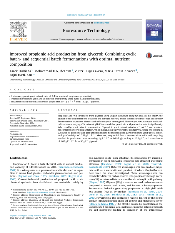 (PDF) Improved propionic acid production from glycerol: Combining ...