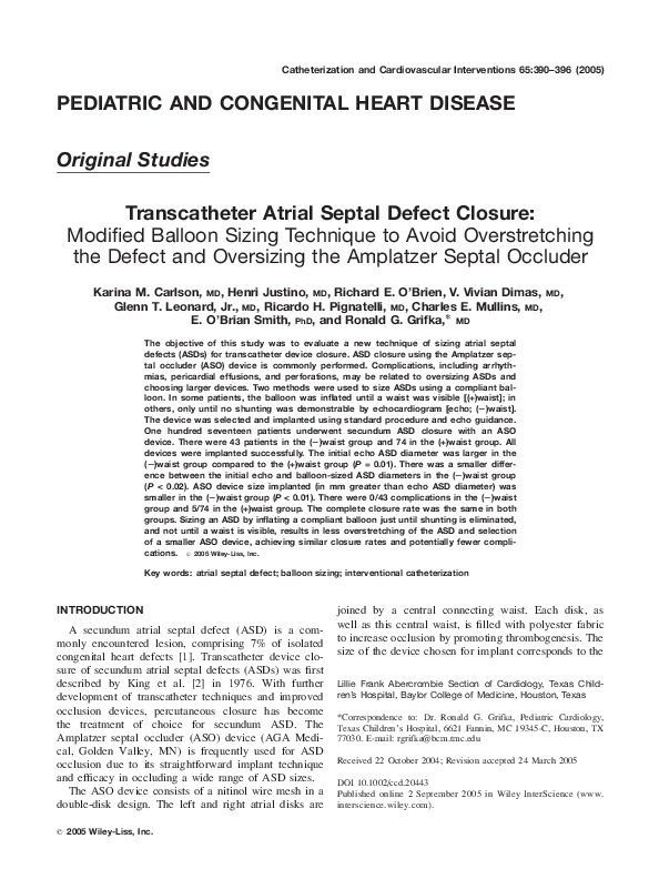 (PDF) Transcatheter atrial septal defect closure: Modified balloon ...