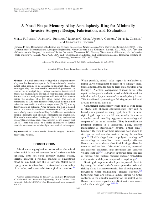 (PDF) A Novel Shape Memory Alloy Annuloplasty Ring for Minimally Invasive Surgery: Design ...