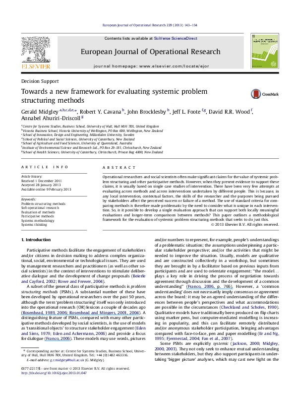 Pdf Towards A New Framework For Evaluating Systemic Problem Structuring Methods