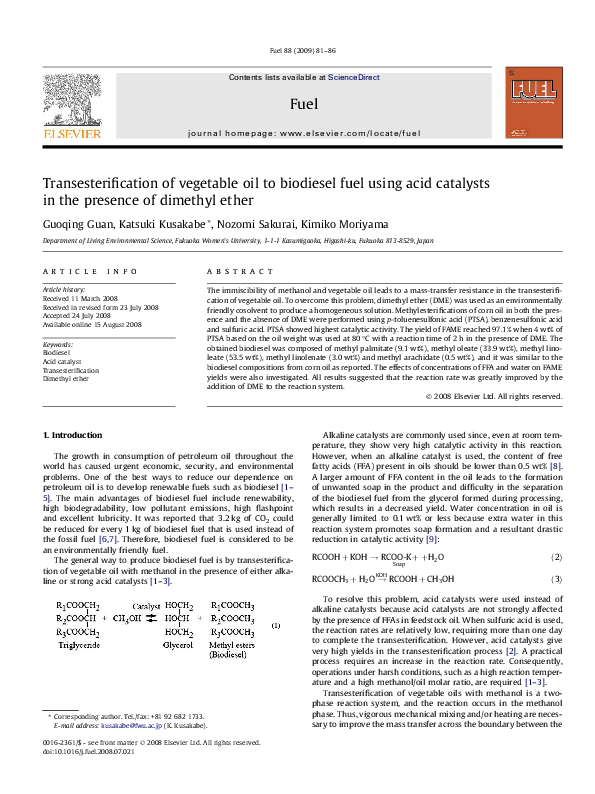 (PDF) Transesterification of vegetable oil to biodiesel fuel using acid ...