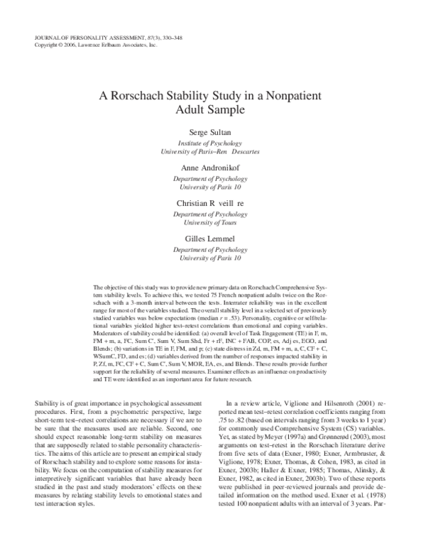 (PDF) A Rorschach Stability Study in a Nonpatient Adult Sample