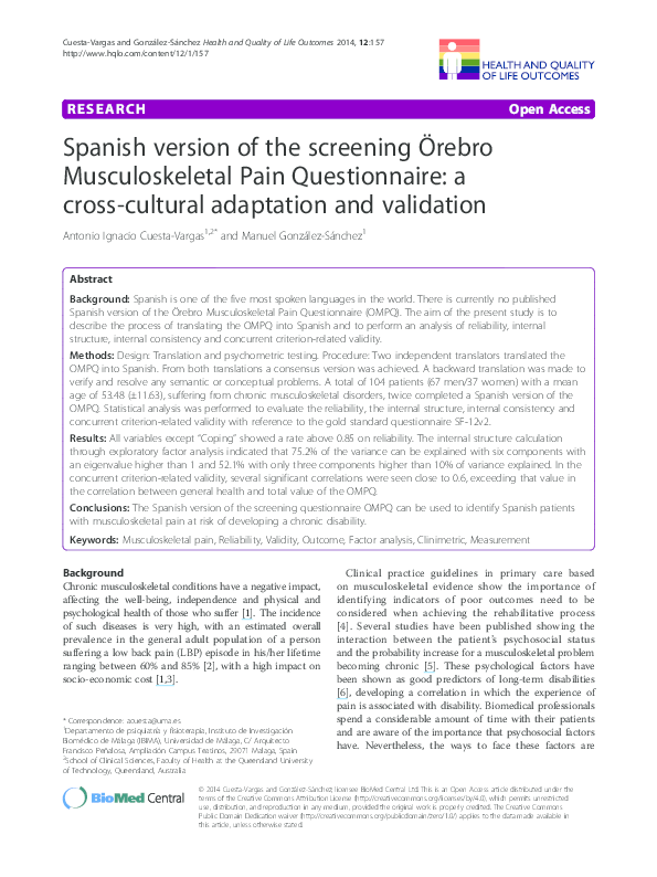 (PDF) Spanish version of the screening Örebro Musculoskeletal Pain ...