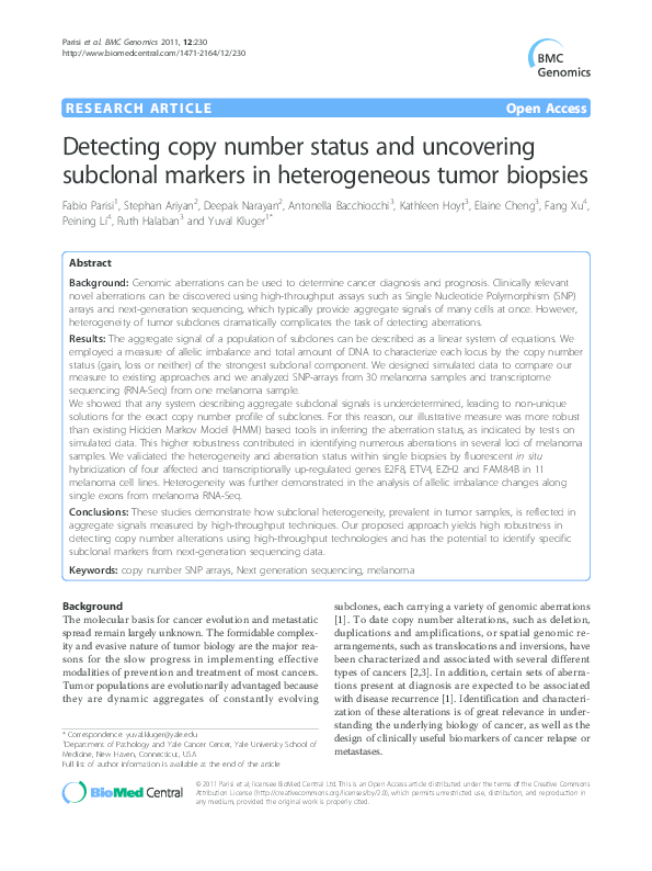 (PDF) Detecting copy number status and uncovering subclonal markers in heterogeneous tumor biopsies