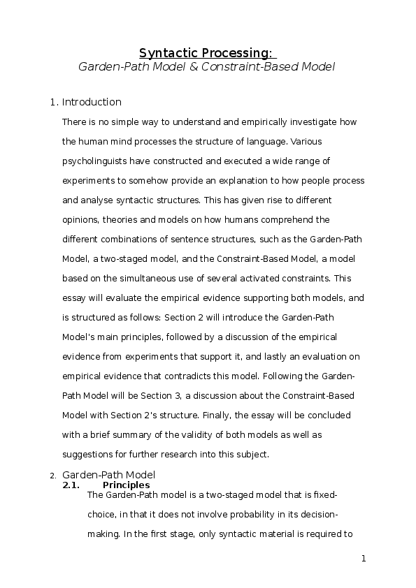 (DOC) Syntactic Processing: Garden-Path Model & Constraint-Based Model