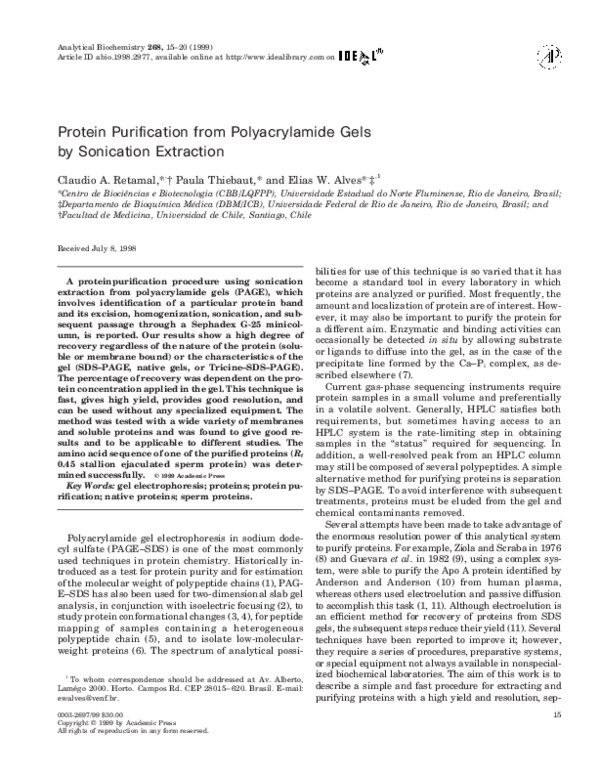 (PDF) Protein Purification from Polyacrylamide Gels by Sonication ...