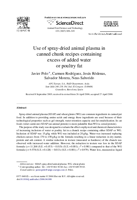 (PDF) Use of spray-dried animal plasma in canned chunk recipes containing excess of added water ...