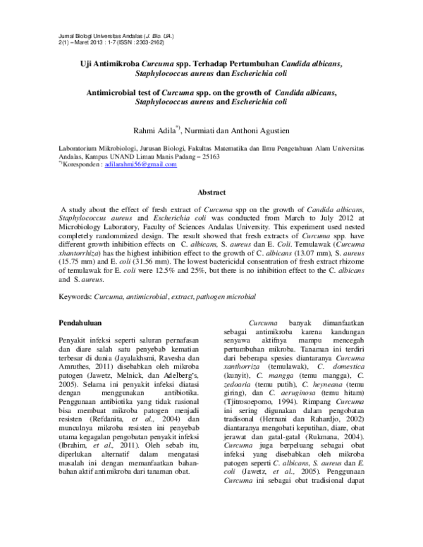 Antimicrobial test of Curcuma spp. on the growth of Candida albicans ...