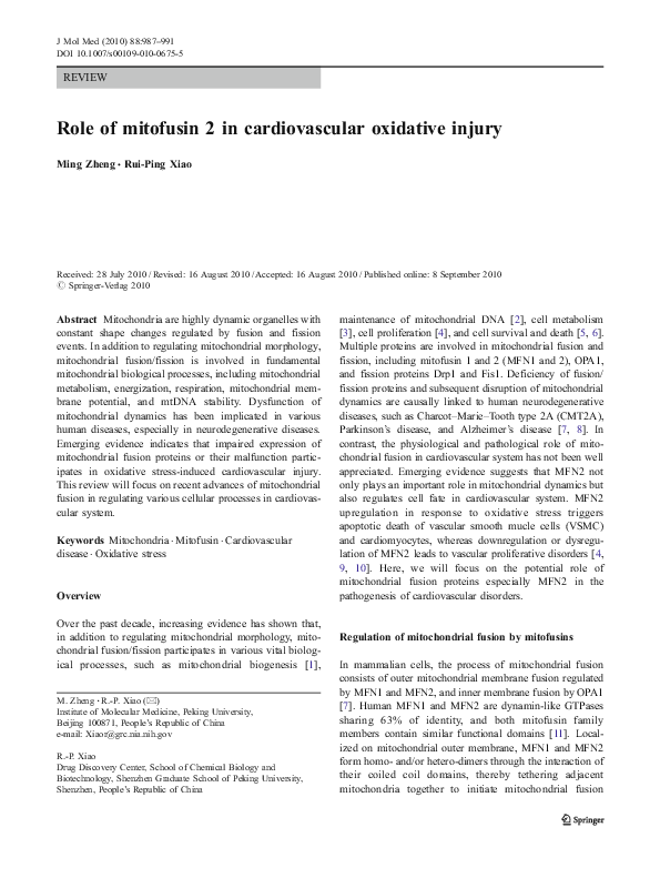 (PDF) Role of mitofusin 2 in cardiovascular oxidative injury