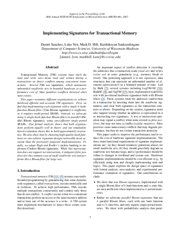(PDF) Implementing Signatures for Transactional Memory