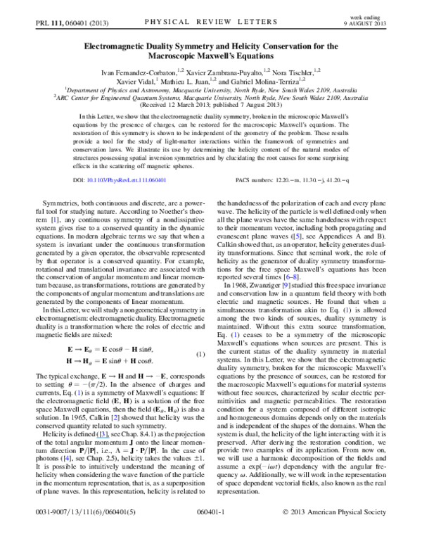 (PDF) Electromagnetic Duality Symmetry and Helicity Conservation for ...