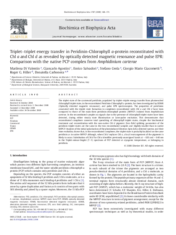 (PDF) Triplet–triplet energy transfer in Peridinin-Chlorophyll a ...