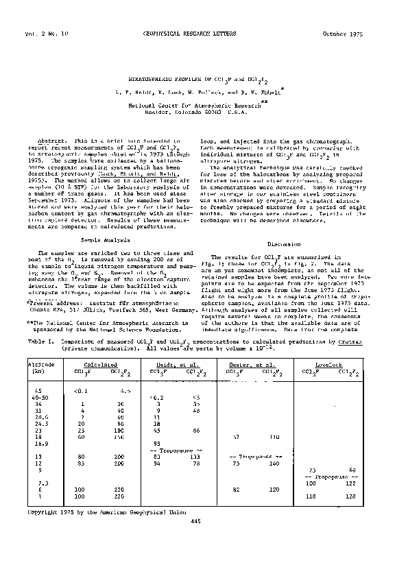 (PDF) Stratospheric profiles of CCl 3 F and CCl 2 F 2