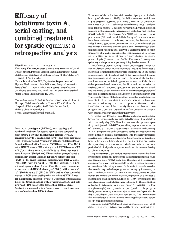 Pdf Efficacy Of Botulinum Toxin A Serial Casting And Combined