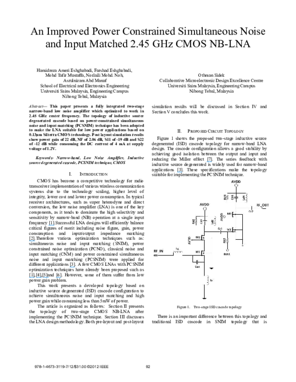 (PDF) An improved power constrained simultaneous noise and input matched 2.45 GHz CMOS NB-LNA