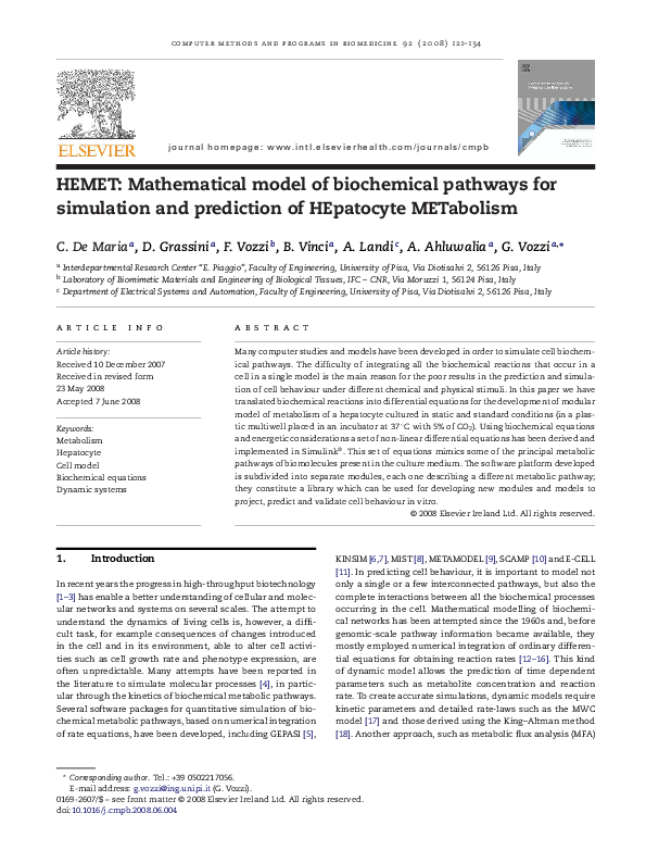 (PDF) HEMET: Mathematical model of biochemical pathways for simulation ...