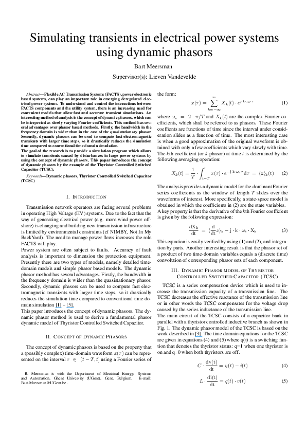 (PDF) Simulating transients in electrical power systems using dynamic phasors