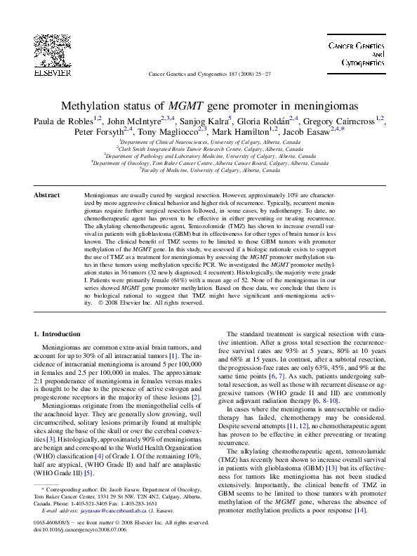 (PDF) Methylation status of MGMT gene promoter in meningiomas | Sanjog ...