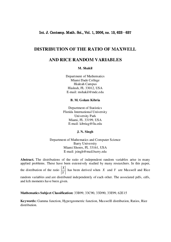(PDF) Distribution of the Ratio of Maxwell and Rice Random Variables