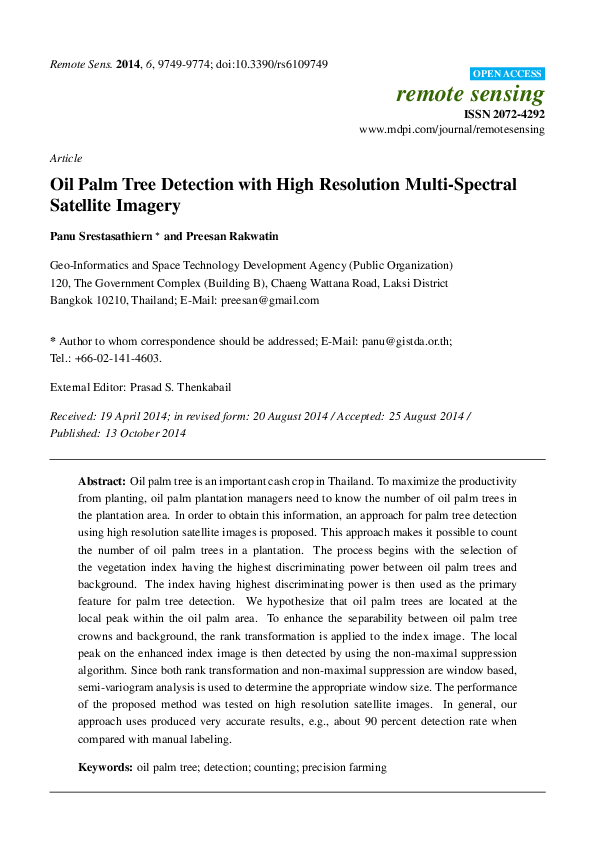 Pdf Oil Palm Tree Detection With High Resolution Multi Spectral Satellite Imagery