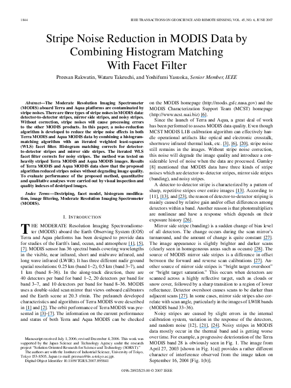 Pdf Stripe Noise Reduction In Modis Data By Combining Histogram Matching With Facet Filter