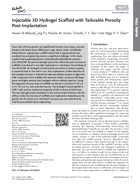 (PDF) Injectable 3D Hydrogel Scaffold with Tailorable Porosity Post ...
