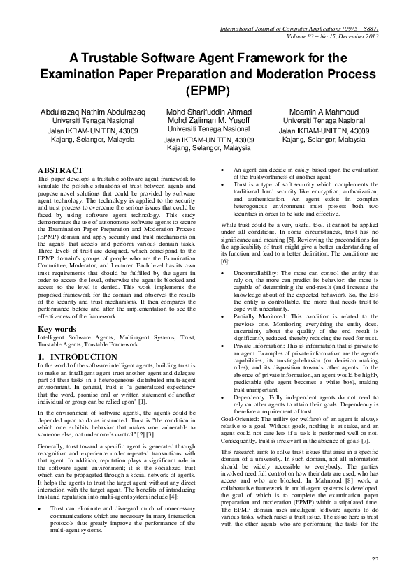 (PDF) A Trustable Software Agent Framework for the Examination Paper ...