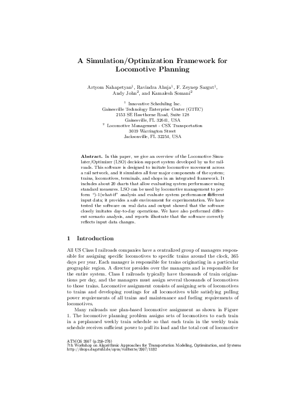 (PDF) A Simulation/Optimization Framework for Locomotive Planning