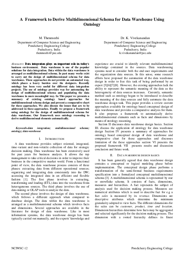 (PDF) A Framework to Derive Multidimensional Schema for Data Warehouse Using Ontology