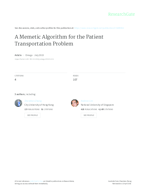 (PDF) A Memetic Algorithm for the Patient Transportation Problem