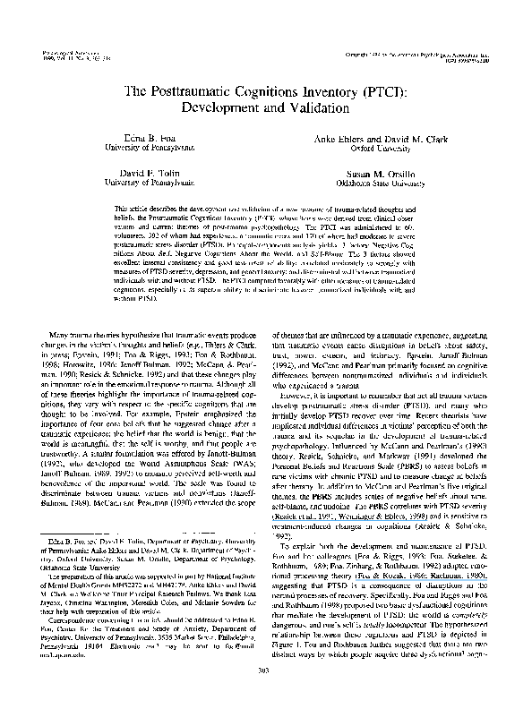 (PDF) The Posttraumatic Cognitions Inventory (PTCI): Development and ...